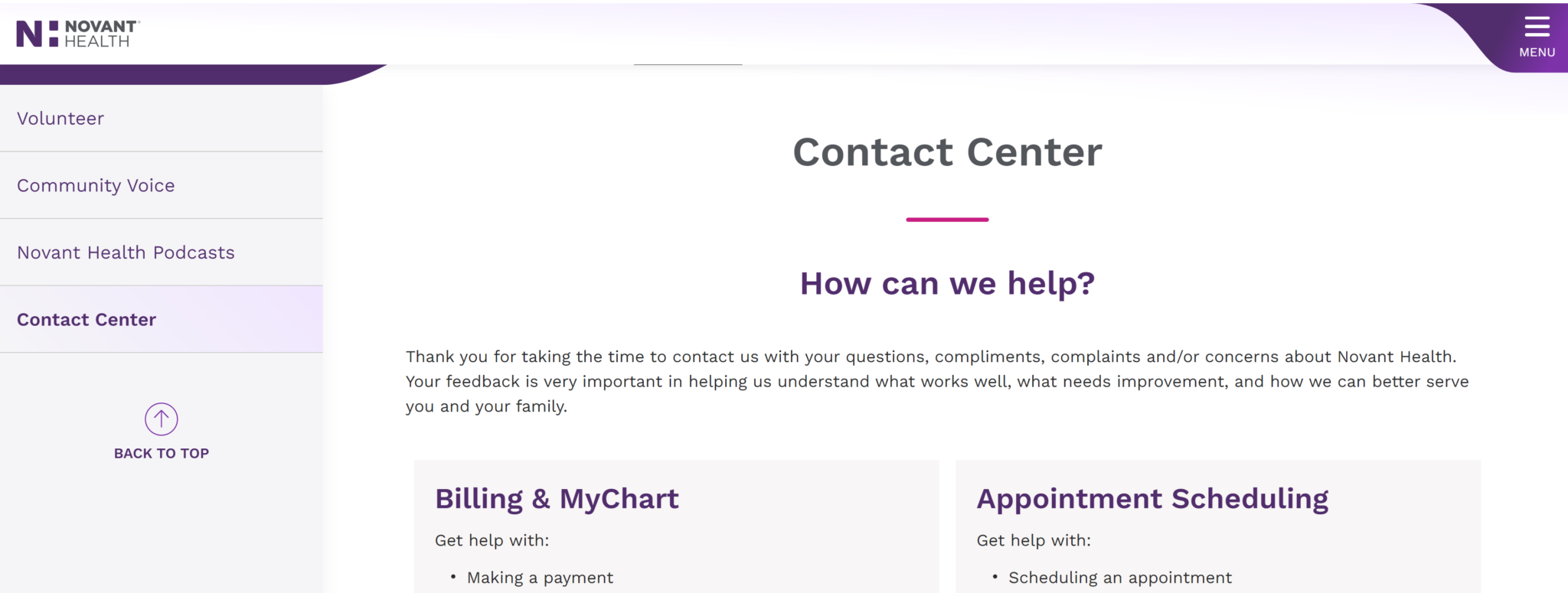 Contact Us - Novant MyChart